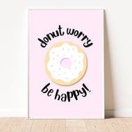 Donut Worry Be Happy Print, Unframed Pink Kitch... - Folksy
