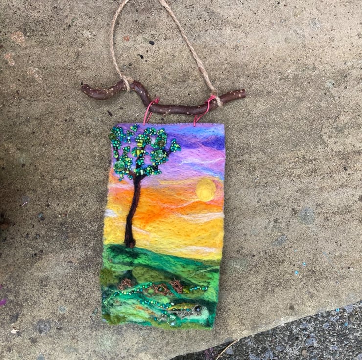 Needle felted sunset tree wall hanging - Folksy