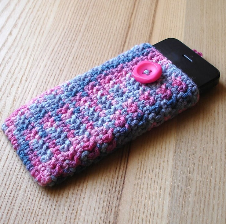 Crochet Mobile Phone Cozy with Button in Blue a... - Folksy