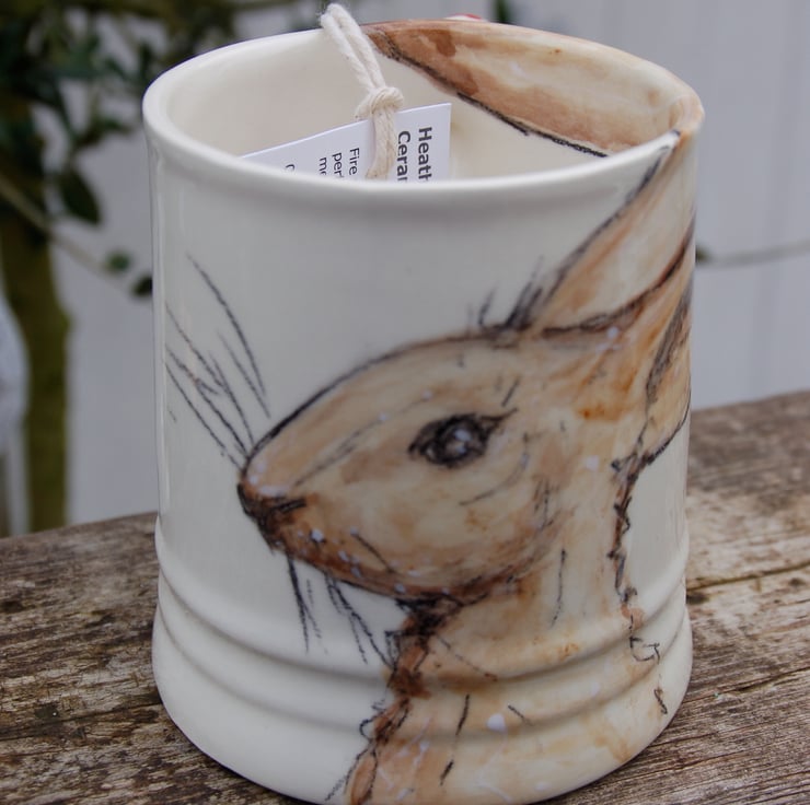 hare mug, hand painted, earthenware - Folksy