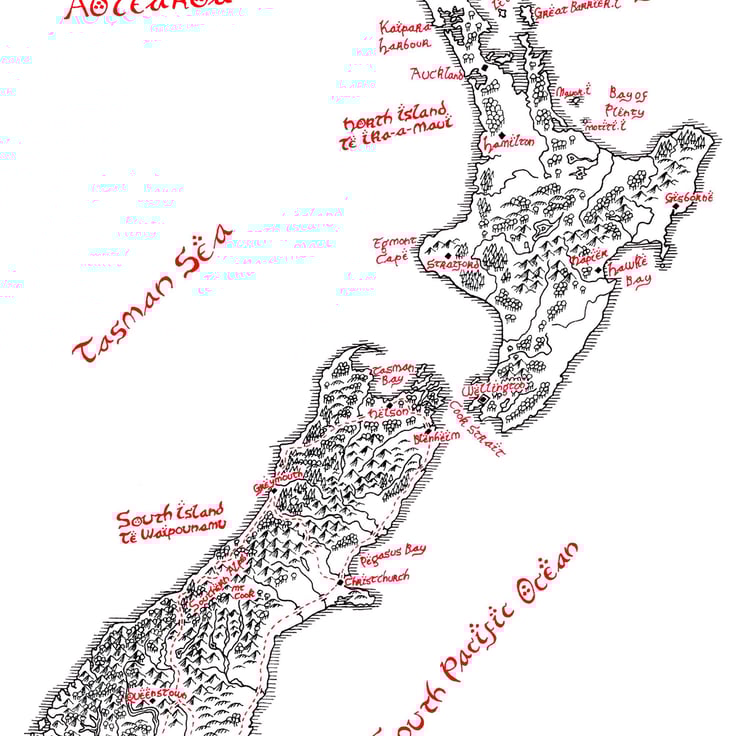 Map of New Zealand Hand Drawn Tolkien Style Map... - Folksy