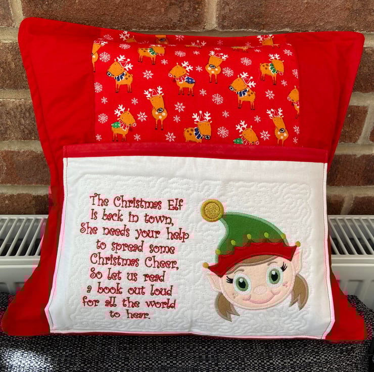 Christmas Elf Reading Book Pocket Cushion with ... - Folksy