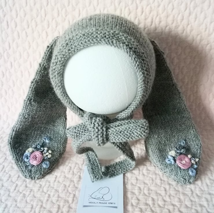Hand embroidered hand knitted bunny ears bonnet - Folksy