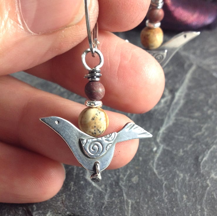 silver song bird earrings with jasper. - Folksy