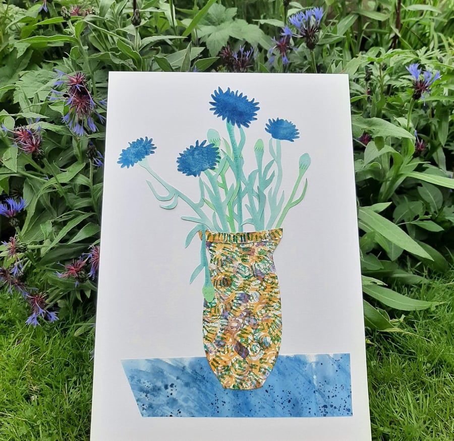 Cornflowers in a Vase Paper Collage - Folksy