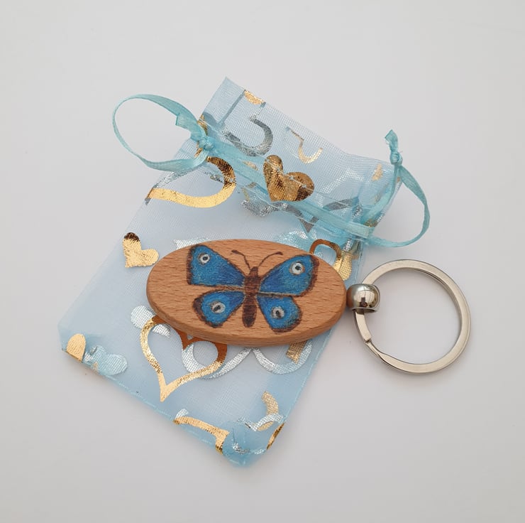 blue butterfly pyrography wooden keyring - Folksy