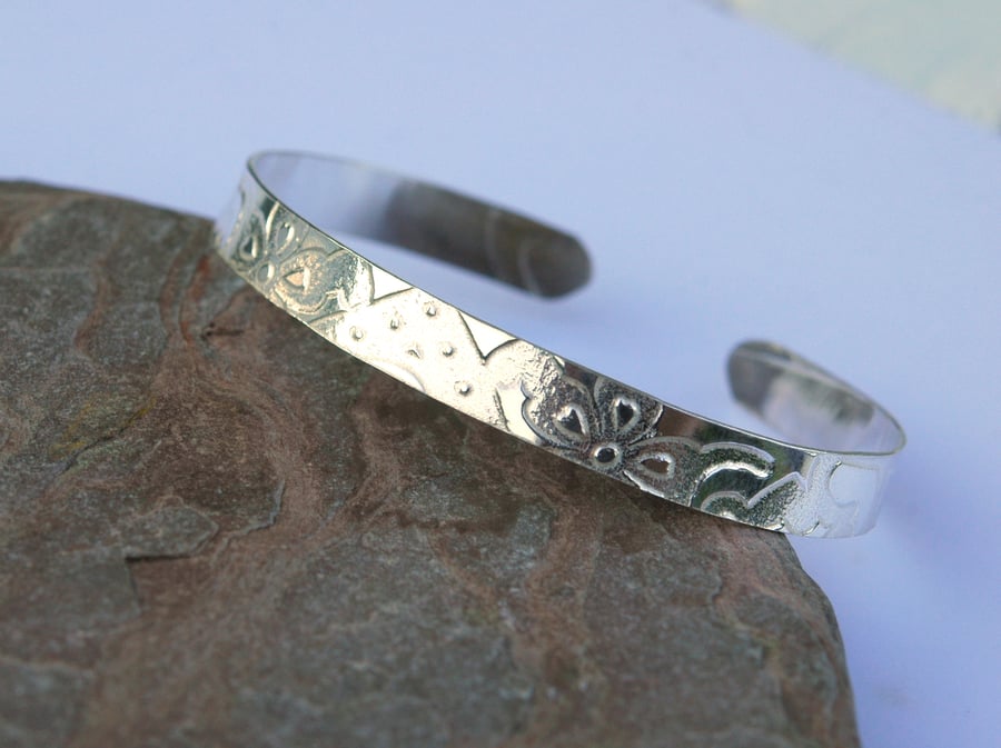 Sterling Silver Cuff Bangle with Imprinted Pattern - Folksy