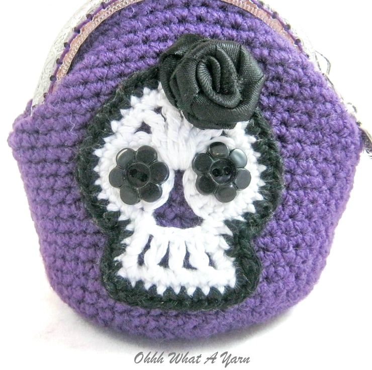 Purple and black crochet sugar skull coin purse - Folksy