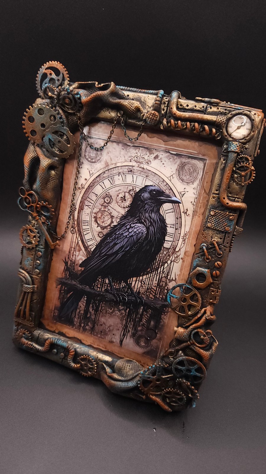 Steampunk, raven photo frame, rusty, cogs, chai... - Folksy