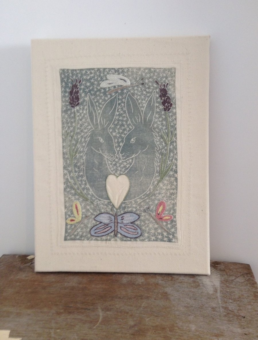 Hand printed and Embroidered Hare artwork - Folksy