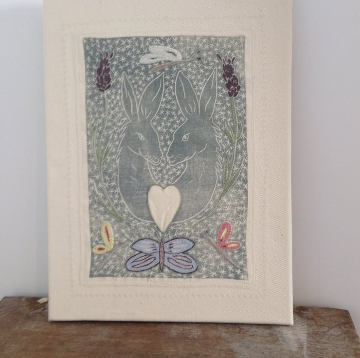 Hand printed and Embroidered Hare artwork - Folksy