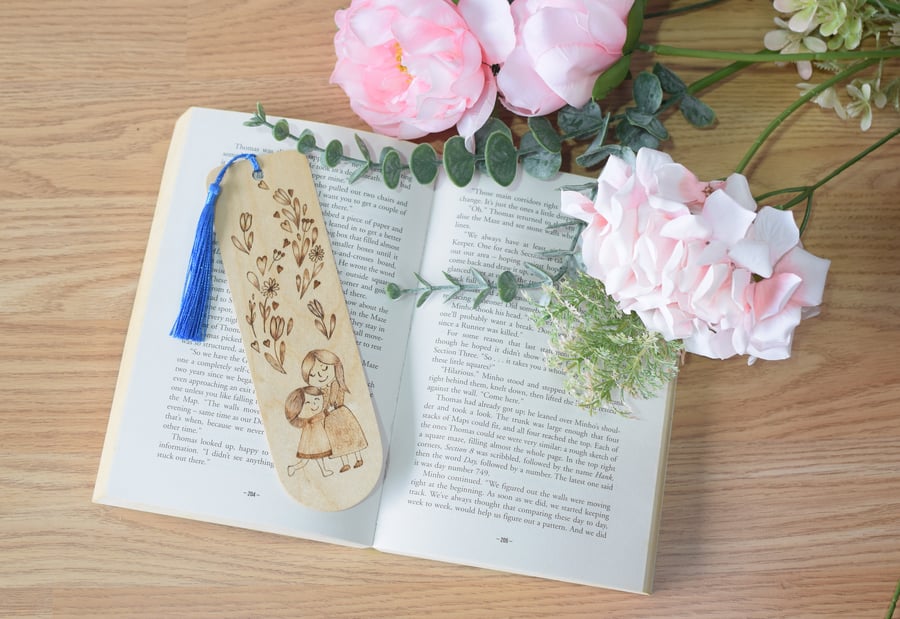 Wooden Pyrography Bookmark - Mother and Daughter - Folksy