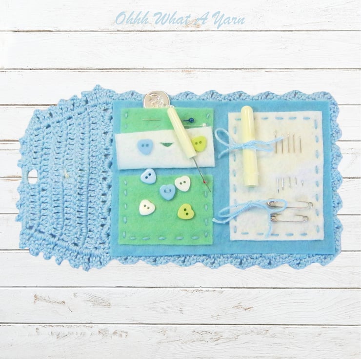 Blue crochet sewing case, sewing kit. - Folksy