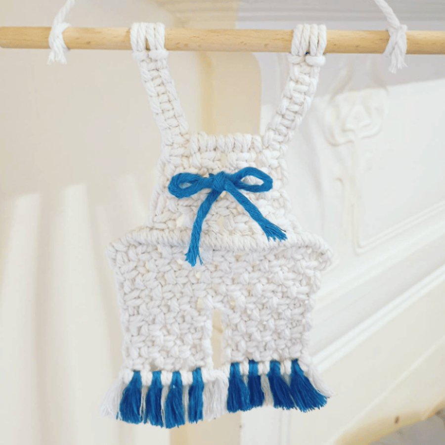 Macrame baby boy dungarees wall hanging, kids b... - Folksy