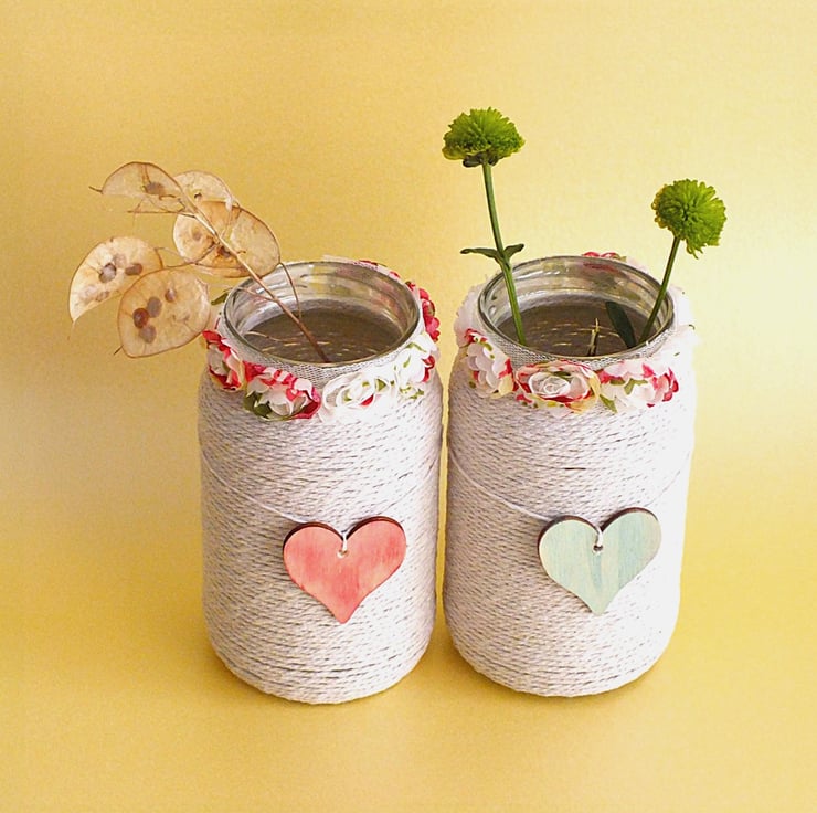 Two Rustic Glass Jar Vases With Flowery Trim an... - Folksy