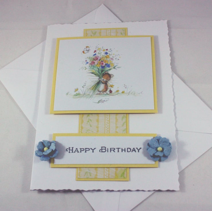 Handmade birthday card - mouse with bouquet - Folksy