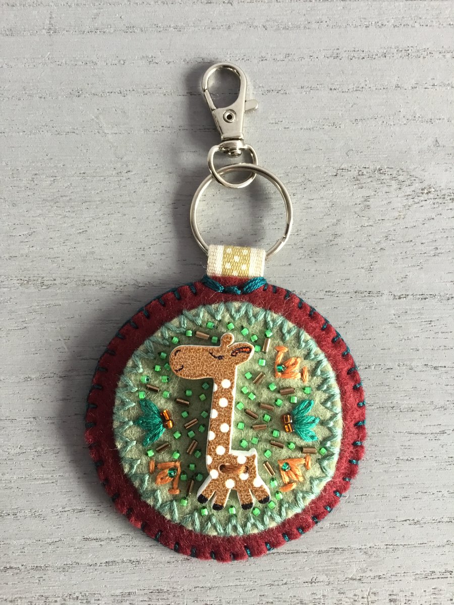 Hand Embroidered Giraffe Keyring or Bag Charm - Folksy