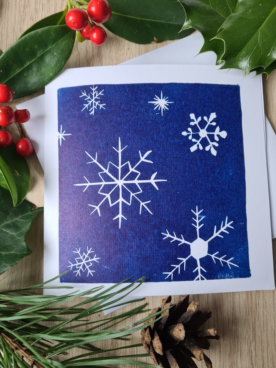 Blue snowflake christmas card handprinted linocut - Folksy