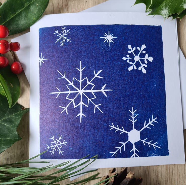 Blue snowflake christmas card handprinted linocut - Folksy