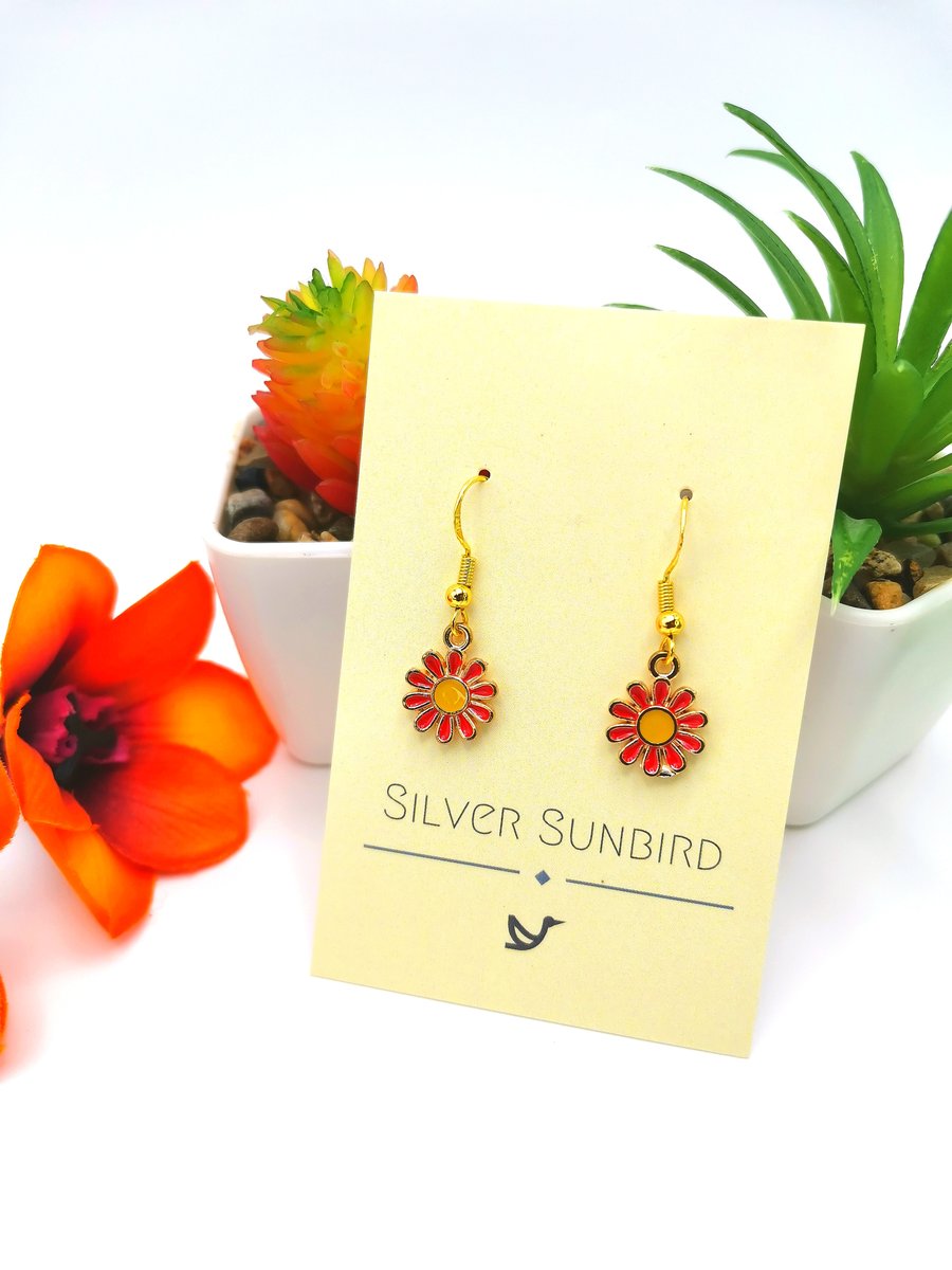Daisy Dangle Earrings, Red Daisy Charms, Gold-p... - Folksy