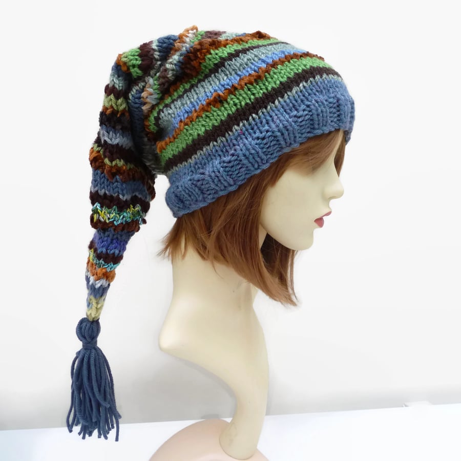 Pixie Adult hat in Blue Green Brown - Folksy