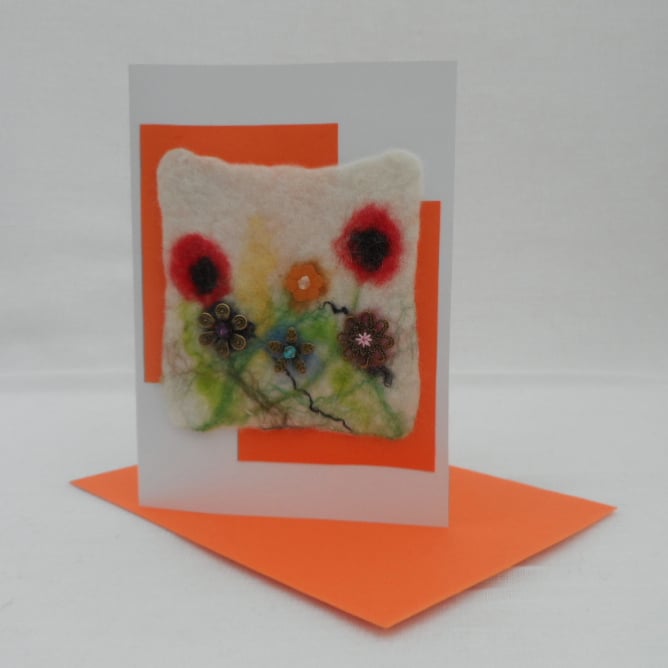 Greetings Card, felted with beaded flowers (3) - Folksy