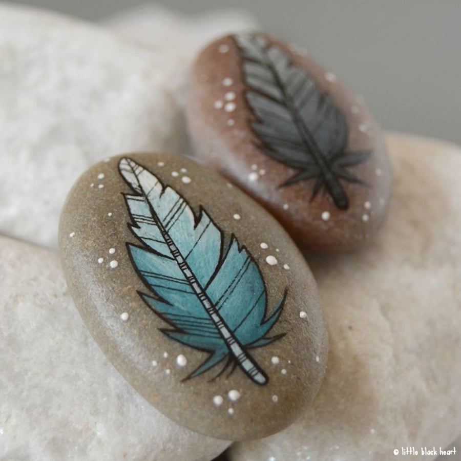 blue and grey feather pair - pebble art - Folksy