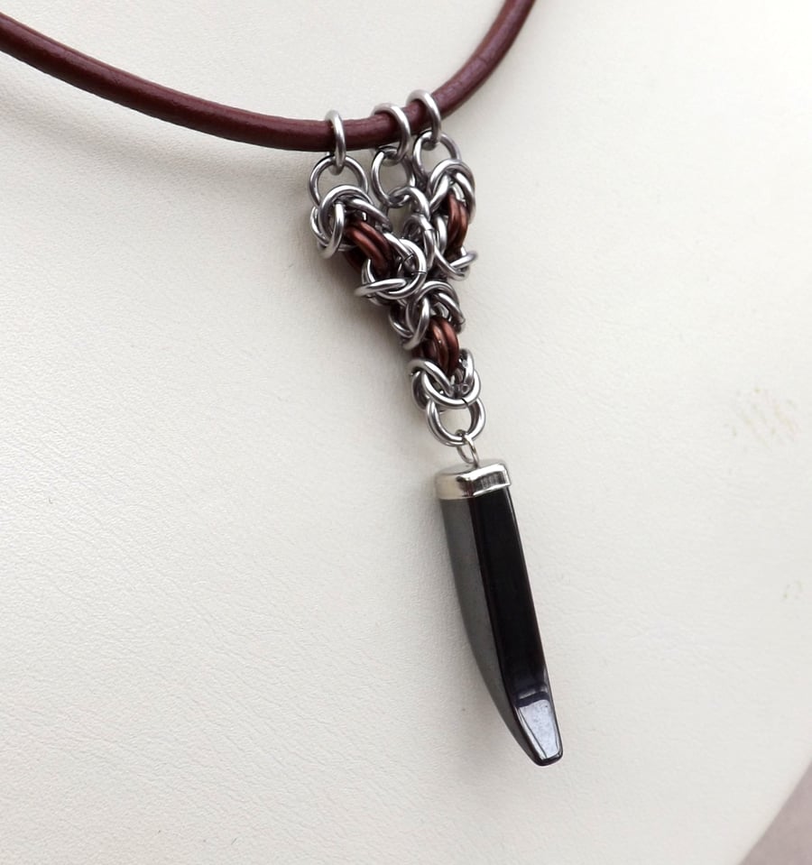 Haematite Sharks Tooth & Chainmail Leather ... - Folksy