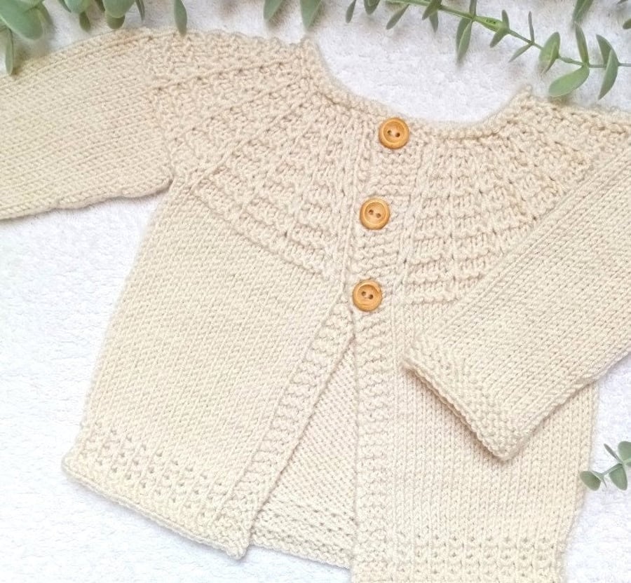 Hand Knitted Baby Round Neck Cardigan Natural 0... - Folksy