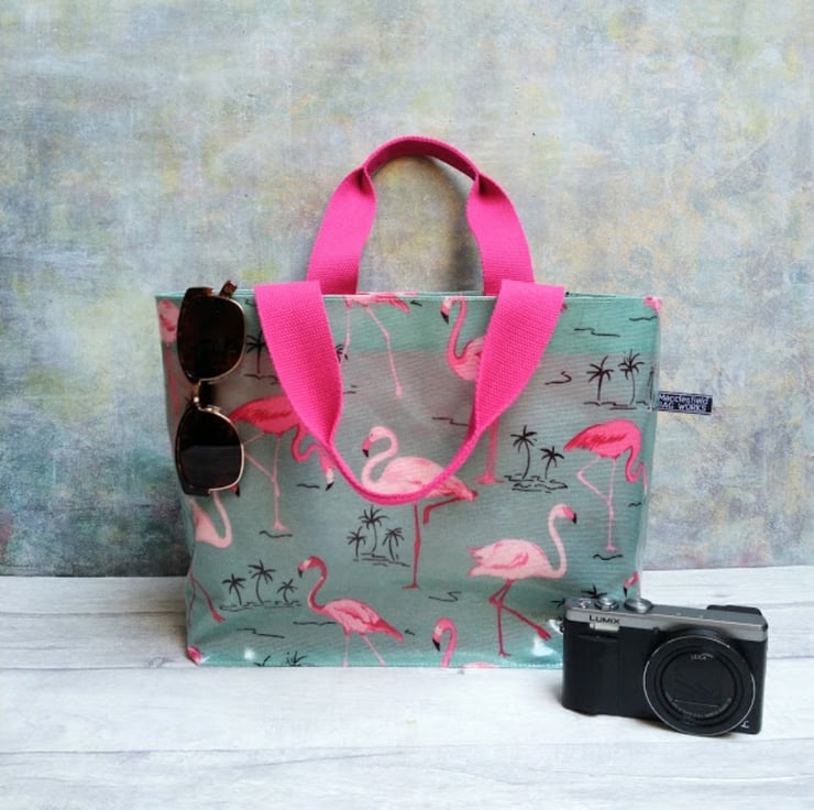 Oilcloth Light Blue Grab Bag with Pink Flamingo... - Folksy