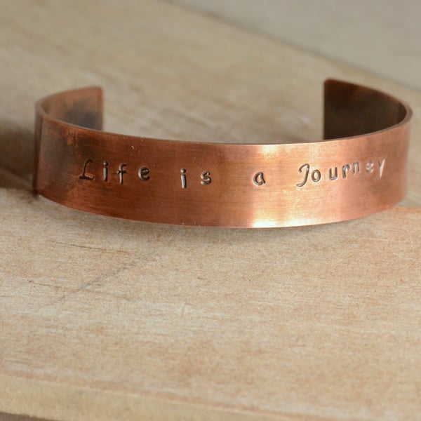 Handmade hand stamped Copper Cuff Life is a Jou... - Folksy