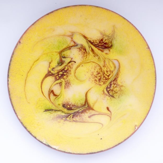 enamel dish - scrolled red over yellow - Folksy