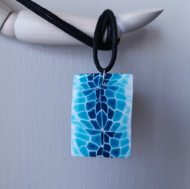Blue and white rectangular polymer clay pendant - Folksy