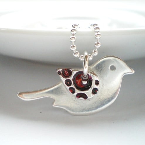 Tiny Silver Enamel Bird - Folksy