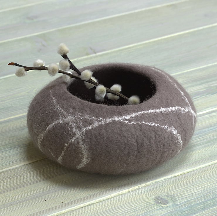 Taupe Grey Felt Striped Pebble Bowl - hand felt... - Folksy