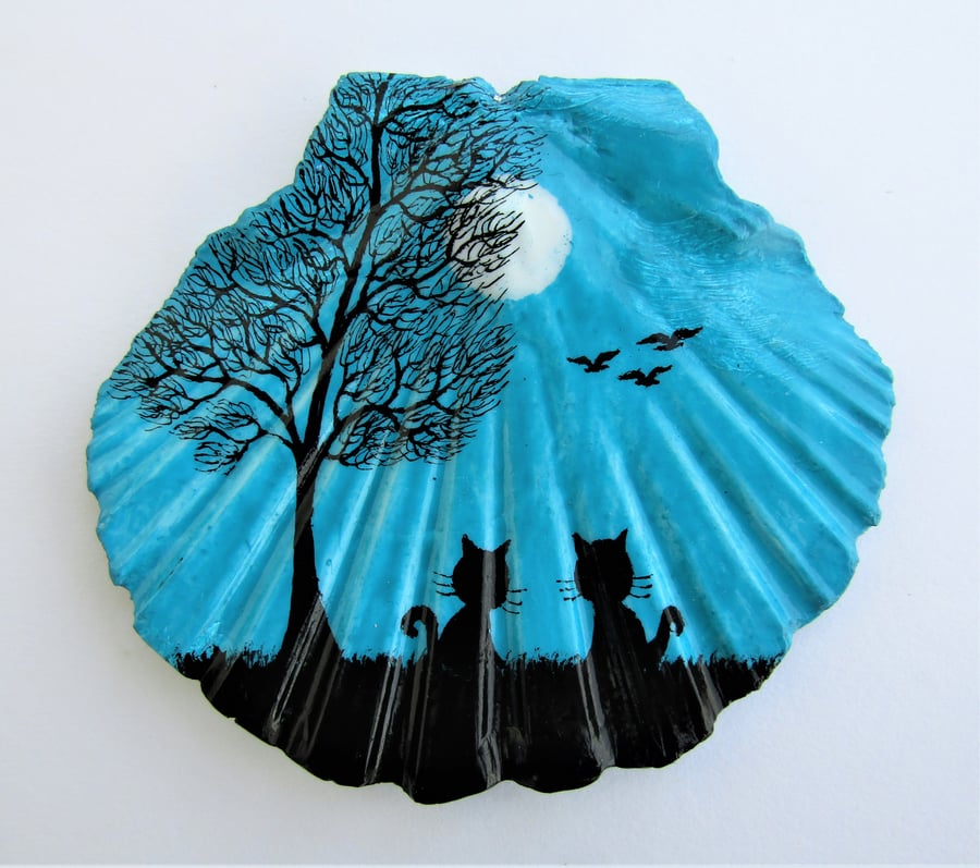 Cat Painting on Shell, Cats Tree Moon, Birthday... - Folksy