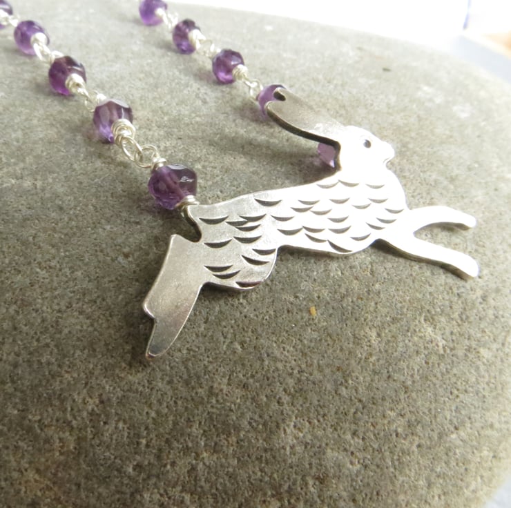Silver Leaping Hare Necklace with Amethyst, Hal... - Folksy