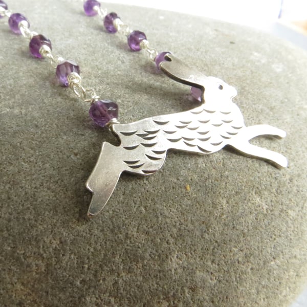 Silver Leaping Hare Necklace with Amethyst, Hal... - Folksy