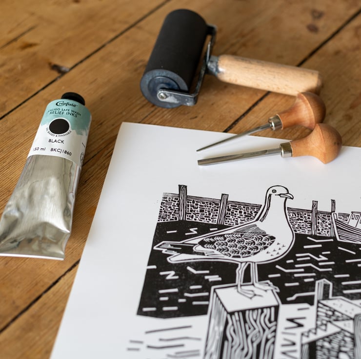 Harbour Gull linocut print - Folksy