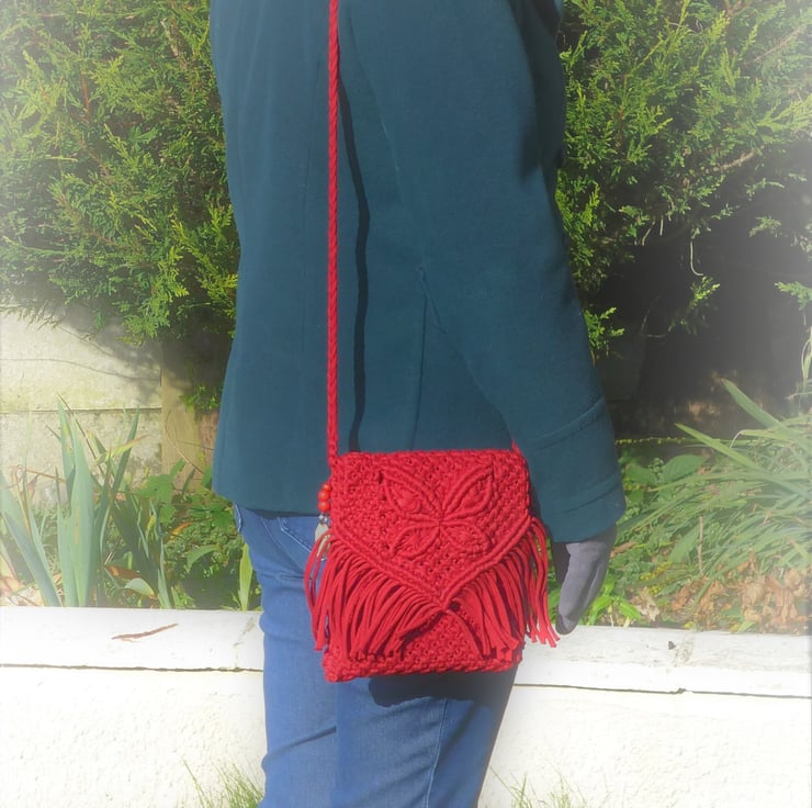 Red macrame shoulder bag - Folksy