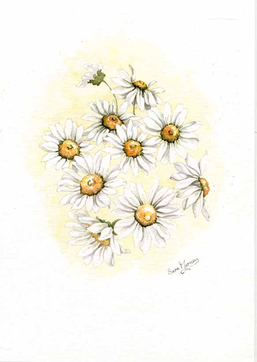 White daisy watercolour painting on delicate cr... - Folksy
