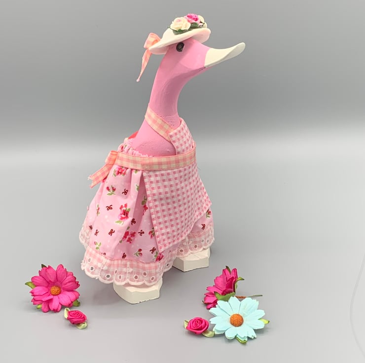 Wooden duck in pink and white, wearing a rose p... - Folksy