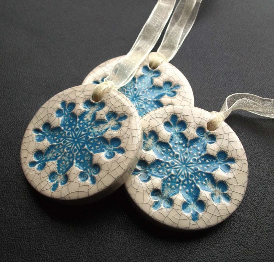 SALE blue crackle ceramic snowflake decorations - Folksy