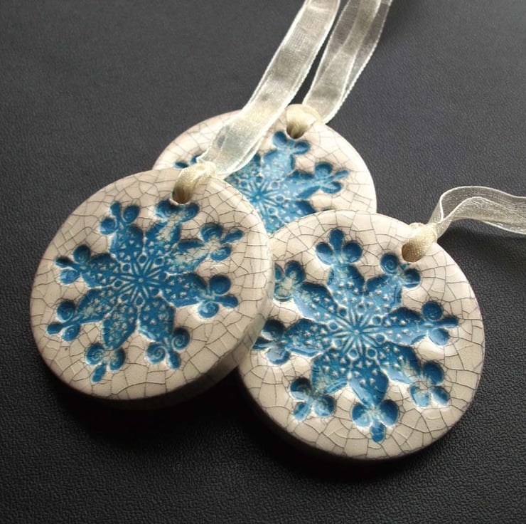 SALE blue crackle ceramic snowflake decorations - Folksy