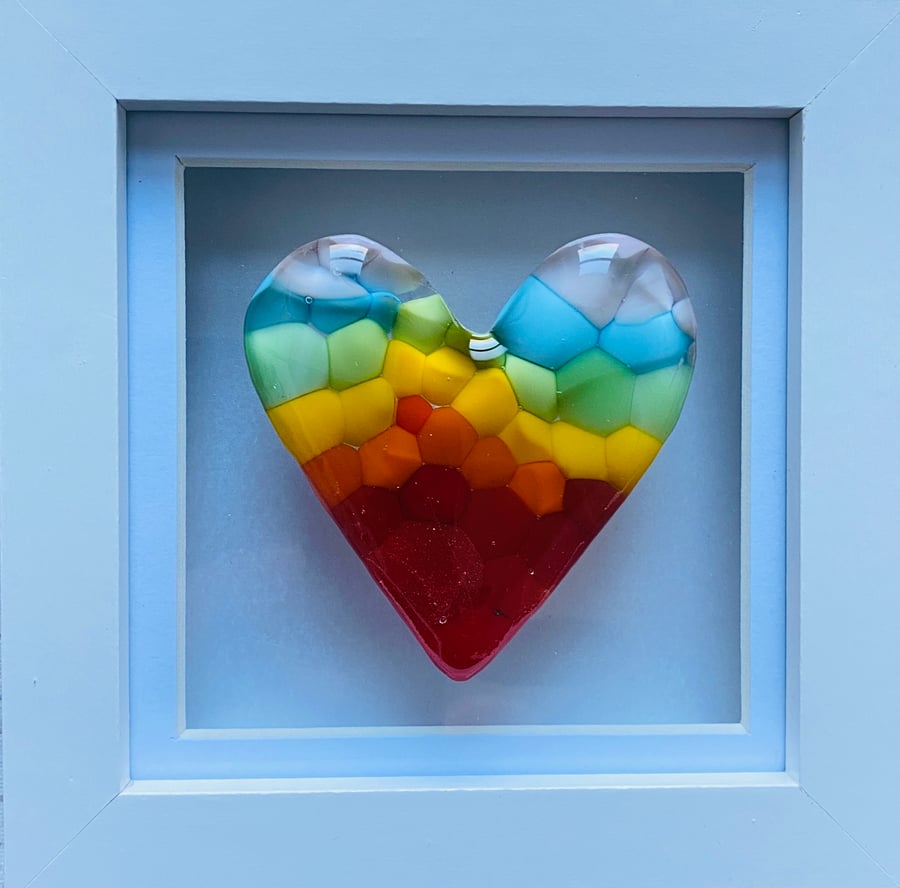 Rainbow fused glass heart picture - Folksy