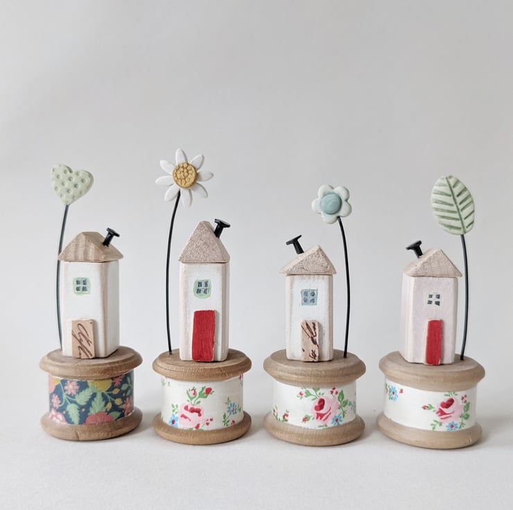 Wooden House on a Vintage Bobbin with Clay Tree - Folksy