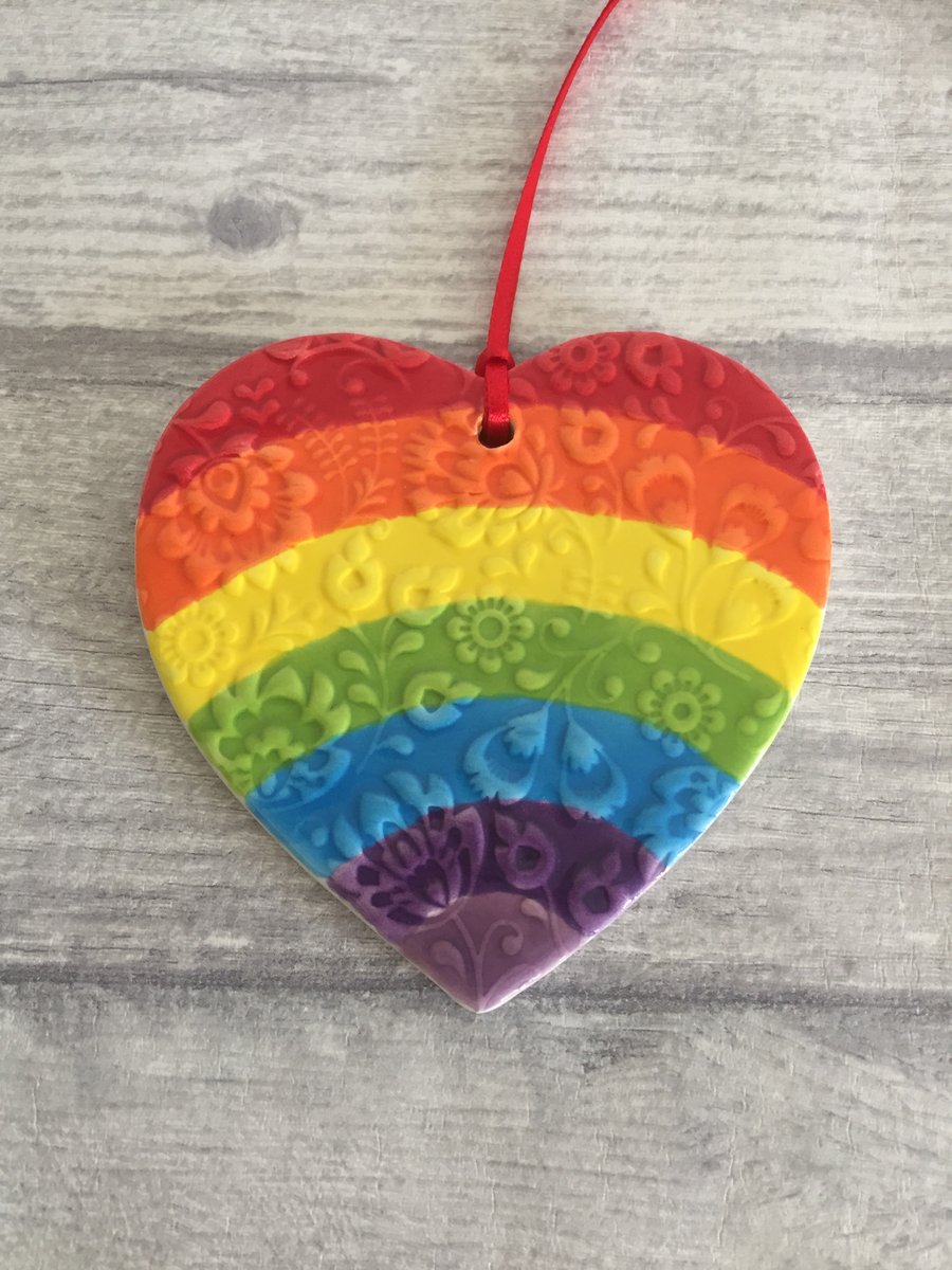 Ceramic textured rainbow hanging heart shaped d... - Folksy