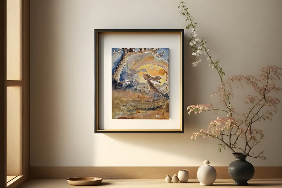 Organic Ink Original Painting, Mounted. Hare an... - Folksy