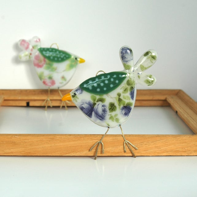 Rose Pattern Fused Glass Bird Decoration - Folksy
