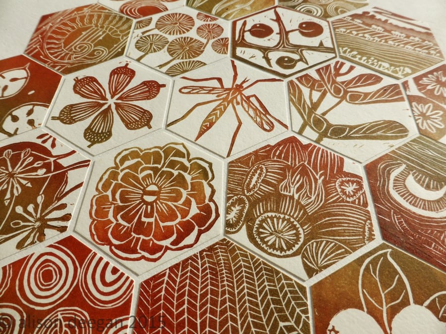SOLD Autumn Patchwork II LINO PRINT ACORN BERR... - Folksy